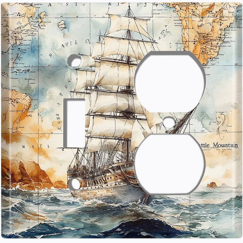 Metal Light Switch Wall Plate Outlet Cover (Vintage Pirate Boat Map Art ...
