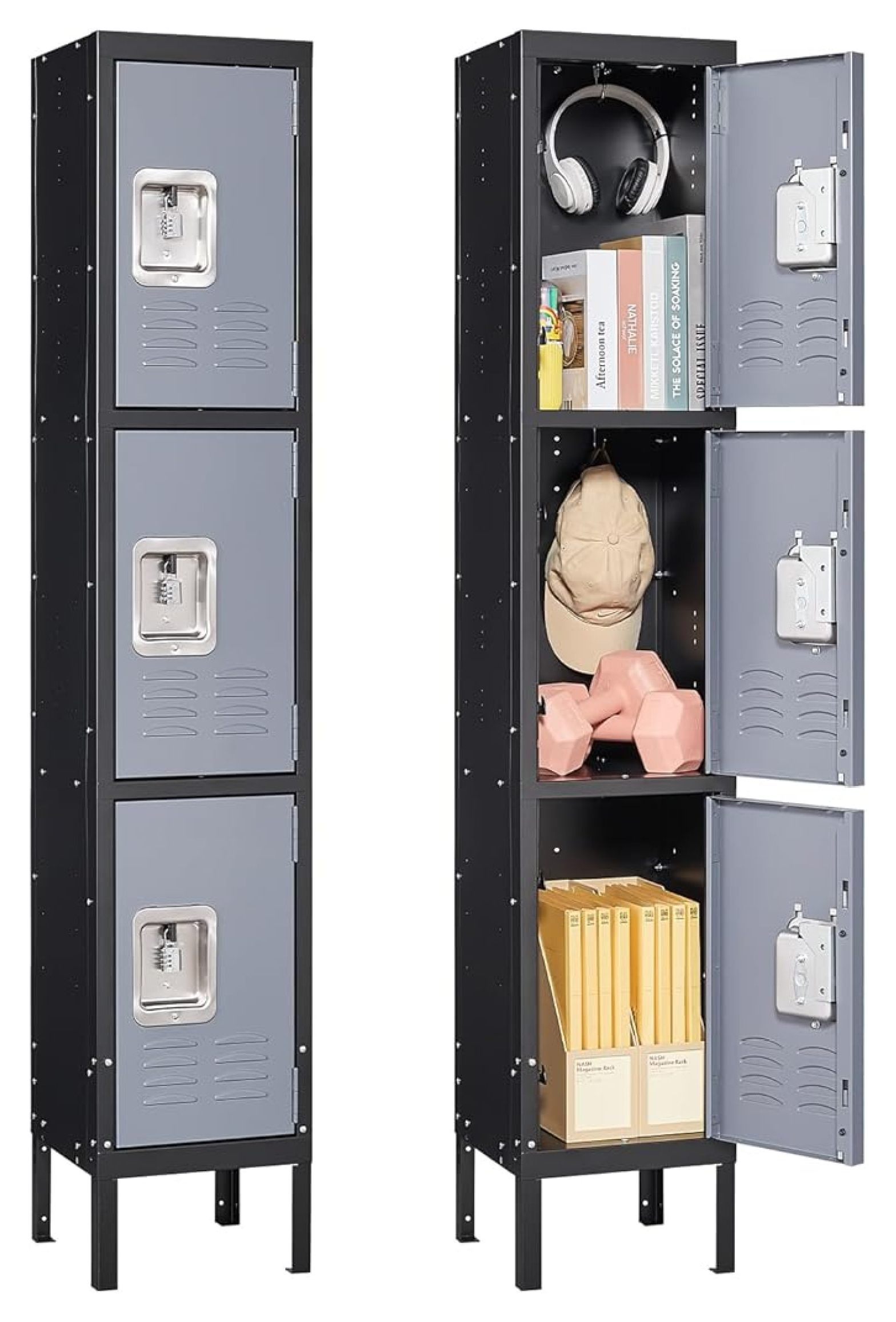 Metal Locker School Gym 3 Tier, Steel Storage Lockers with Doors, Black ...