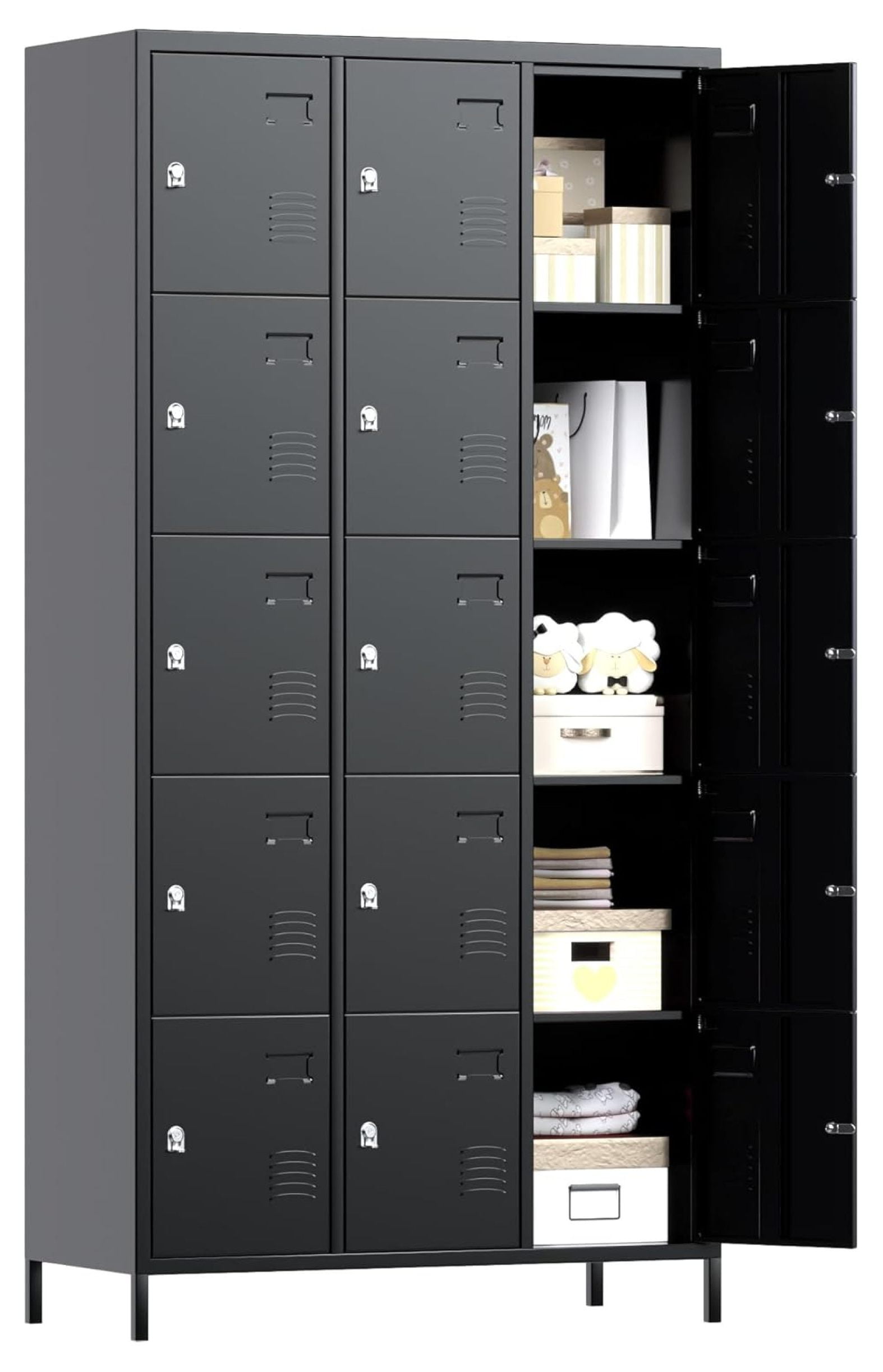 Metal Locker for School Office Gym Bedroom, 15 Doors Black Steel ...
