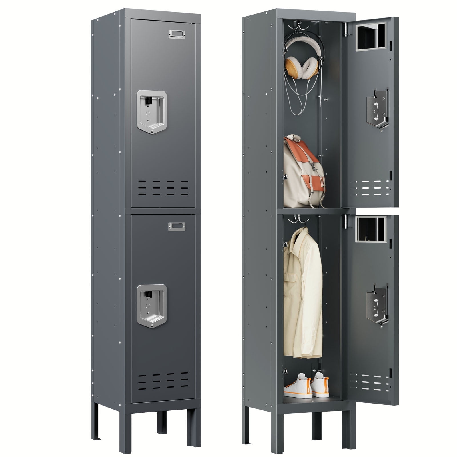 Metal Locker, Lockers for Employees, 66" Storage Locker with Mirror & Hooks, Storage Cabinet ...