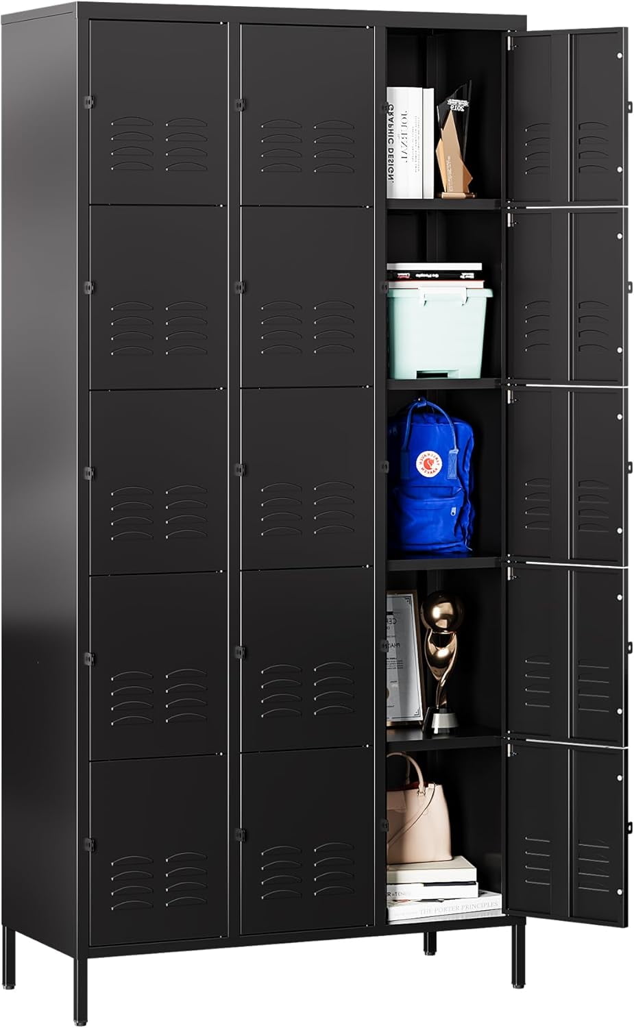 Metal Locker Storage Cabinet for Employees 72" Tall with 15 Doors Black ...