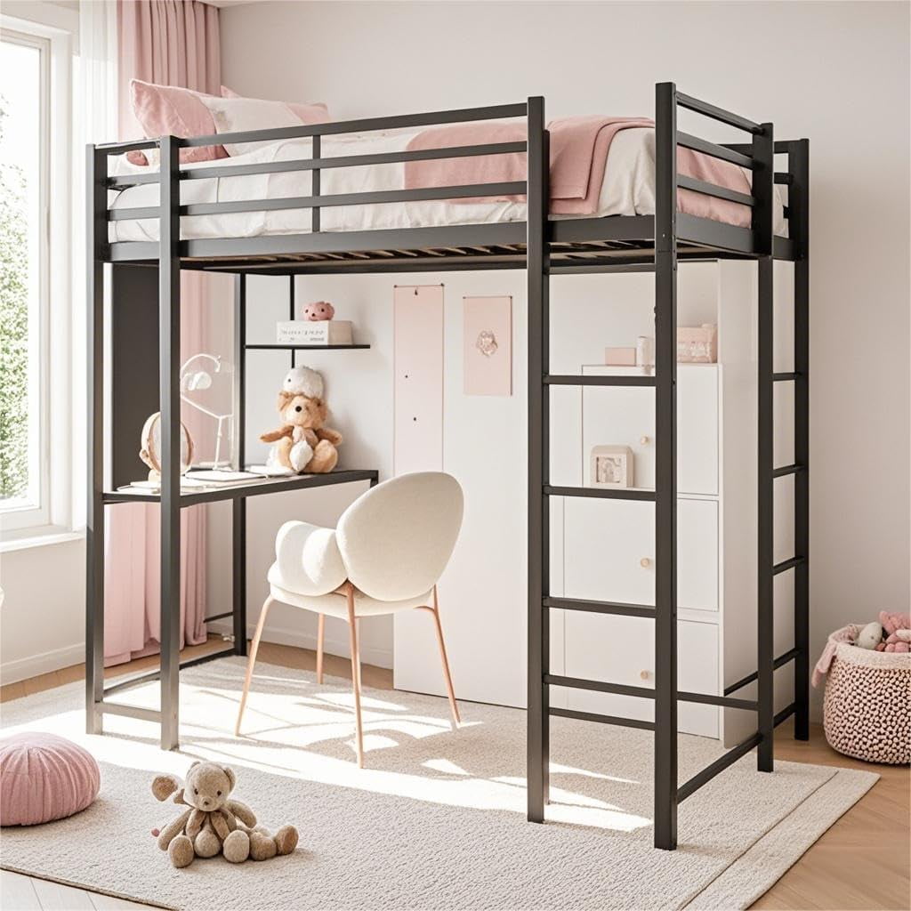 Metal Loft Bed with 2 Secured Ladders, Bunk Bed Twin Over Full with ...
