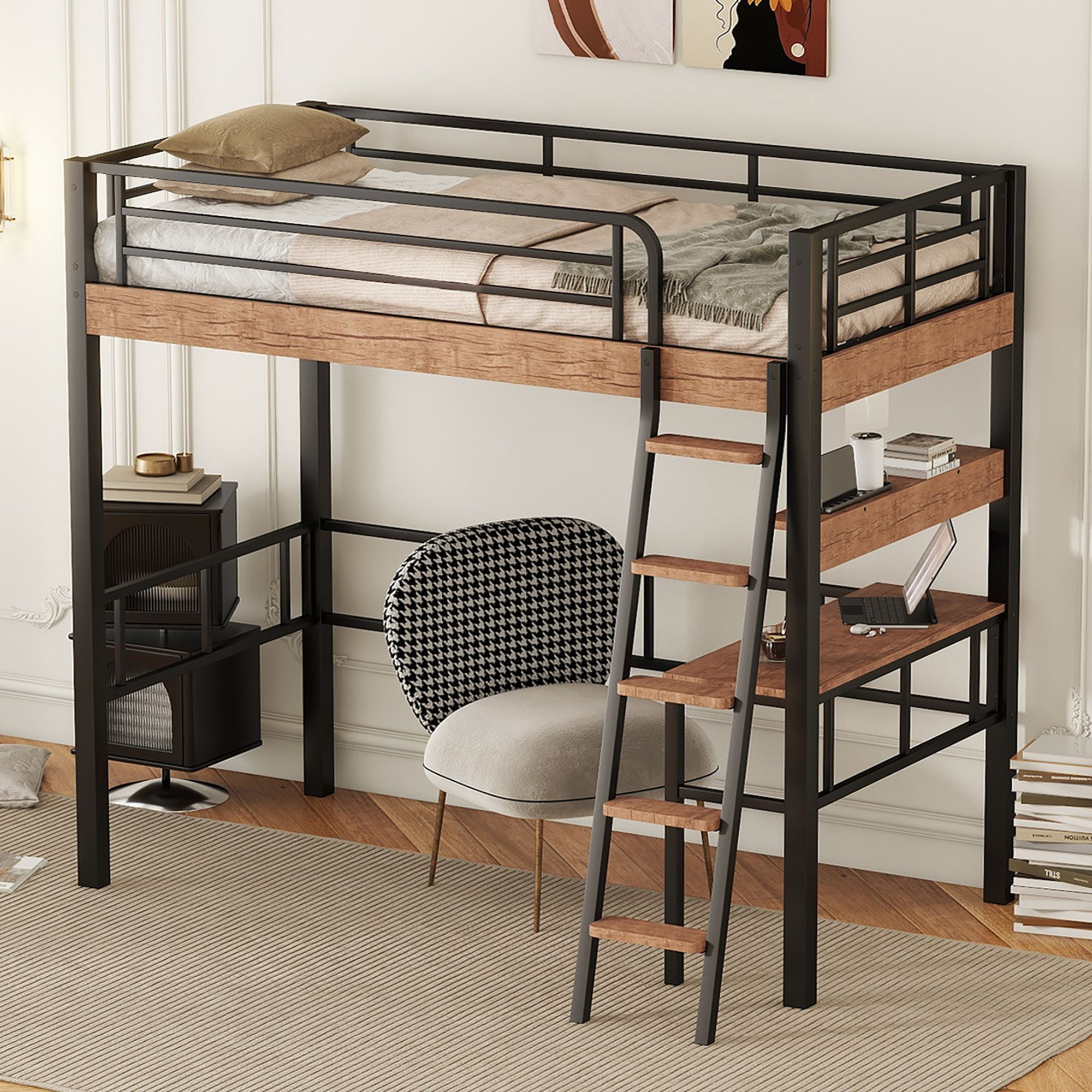 Metal Loft Bed with Built-in MDF Desk, Storage Shelf and Ladder, Metal ...