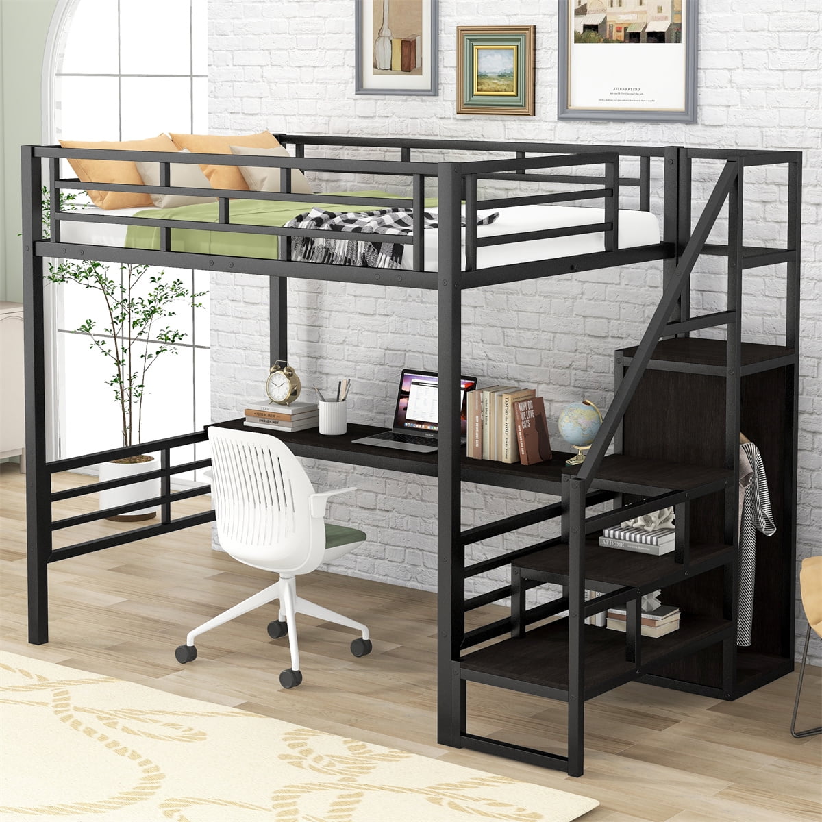 Metal Loft Bed Frame with Built-in Desk,Full Size Loft Bed with Storage ...