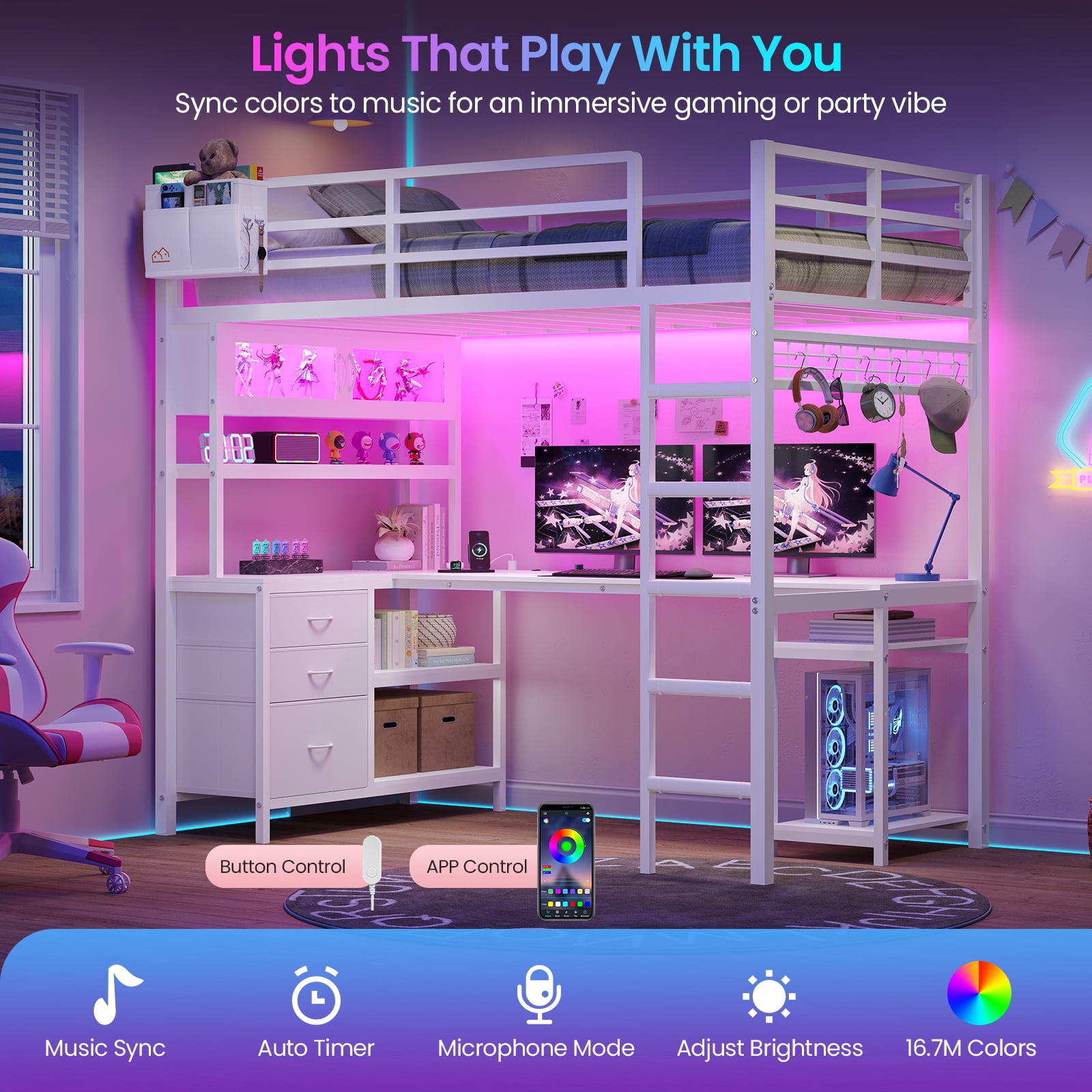 Metal Loft Bed Frame Twin Size with LED Lights, Charging Stations ...