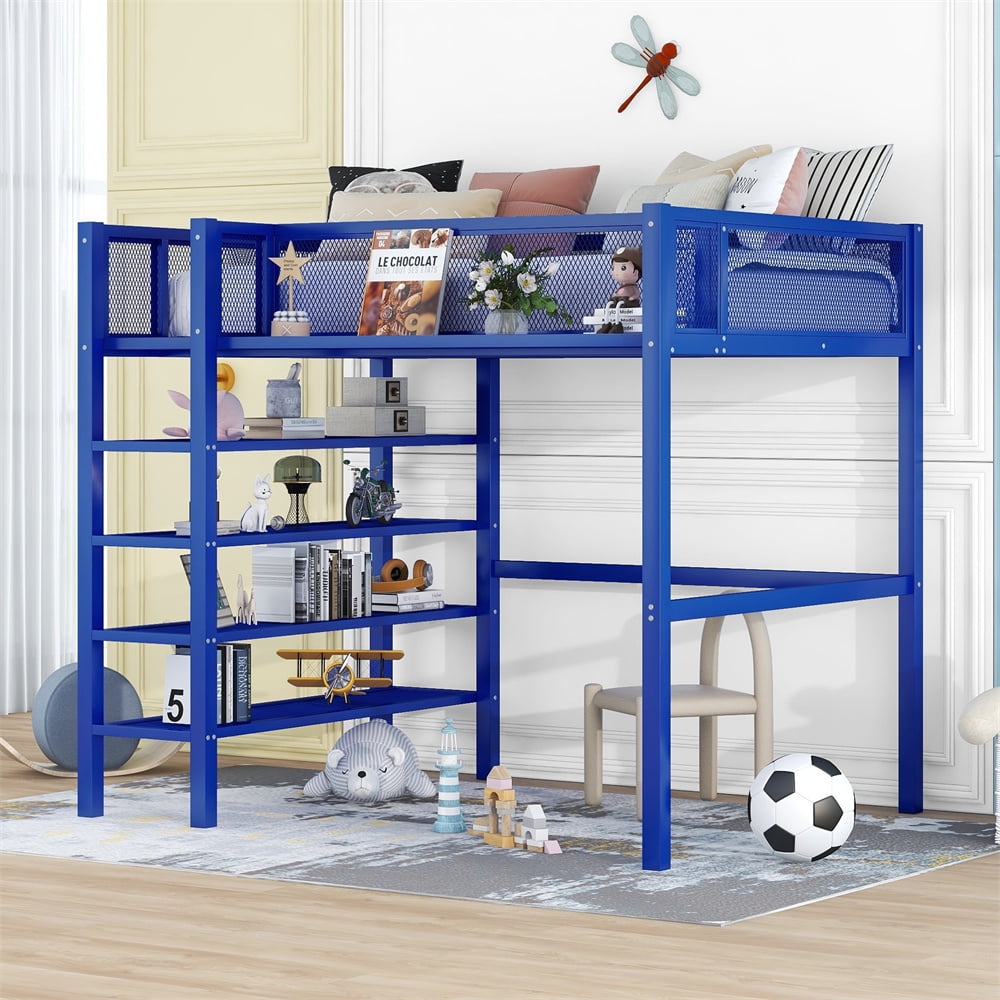 Metal Loft Bed Frame, Twin Size Loft Bed with 4-Tier Shelves and Upper ...