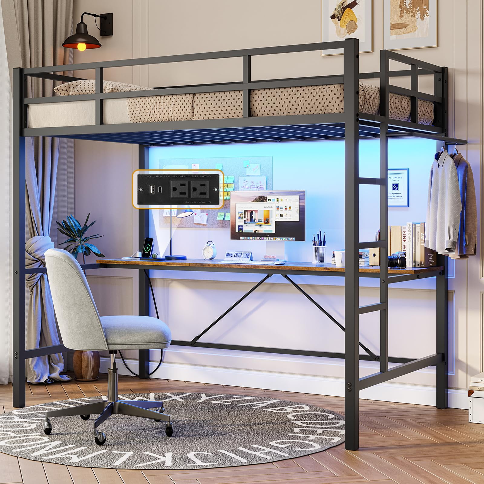 Metal Loft Bed Frame Twin Size Loft Bed Frame with Desk&Charging ...