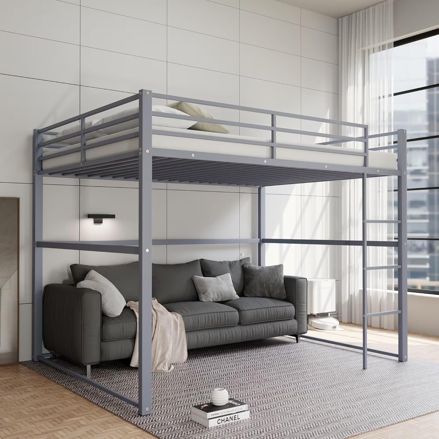 Metal Loft Bed Full Size, Heavy Duty Loft Bed Frame with Safety Guard ...