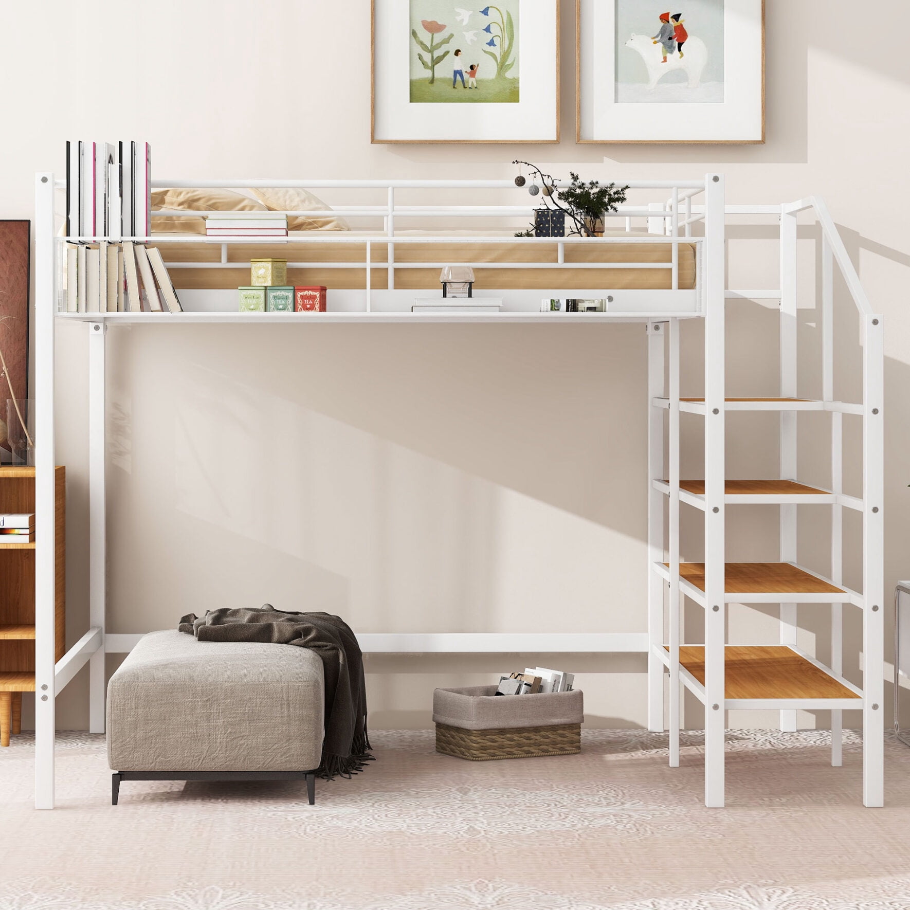Metal Loft Bed Full Size with Upper Grid Storage Shelf, Heavy Duty ...