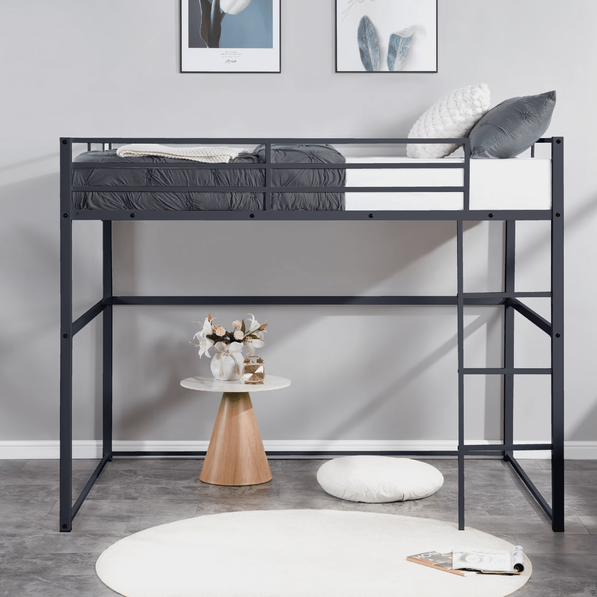 Metal Loft Bed Twin Size, Loft Bed Frame with Safety Guard Rails & Flat ...