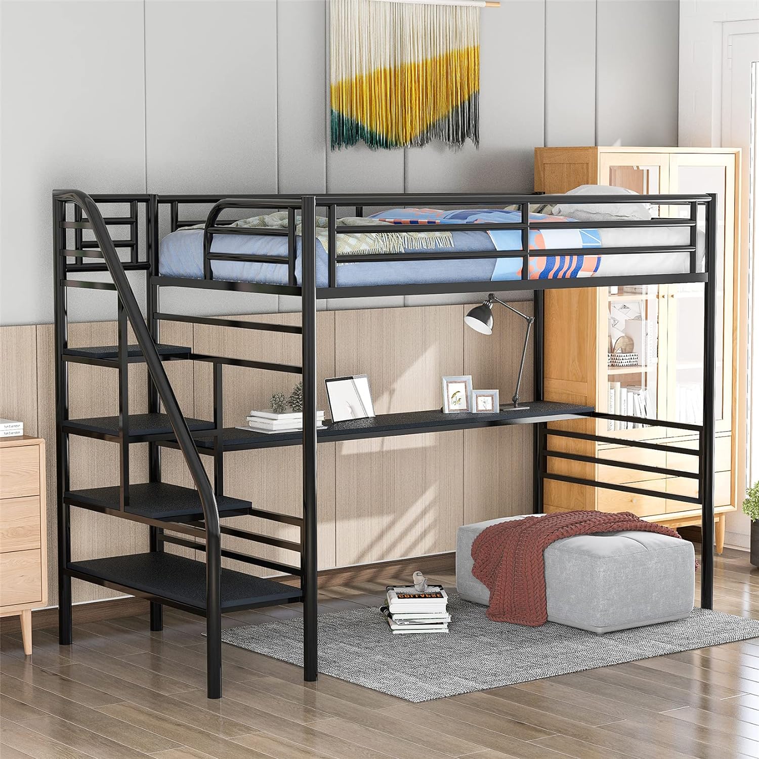 Metal Loft Bed with Desk Twin Loft Beds with Storage Shelves, Stairway ...
