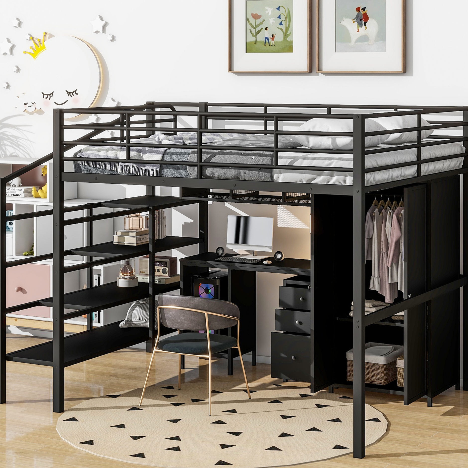 Metal Loft Bed with Lateral 4-layer Ladder Shelves / Match Well with ...