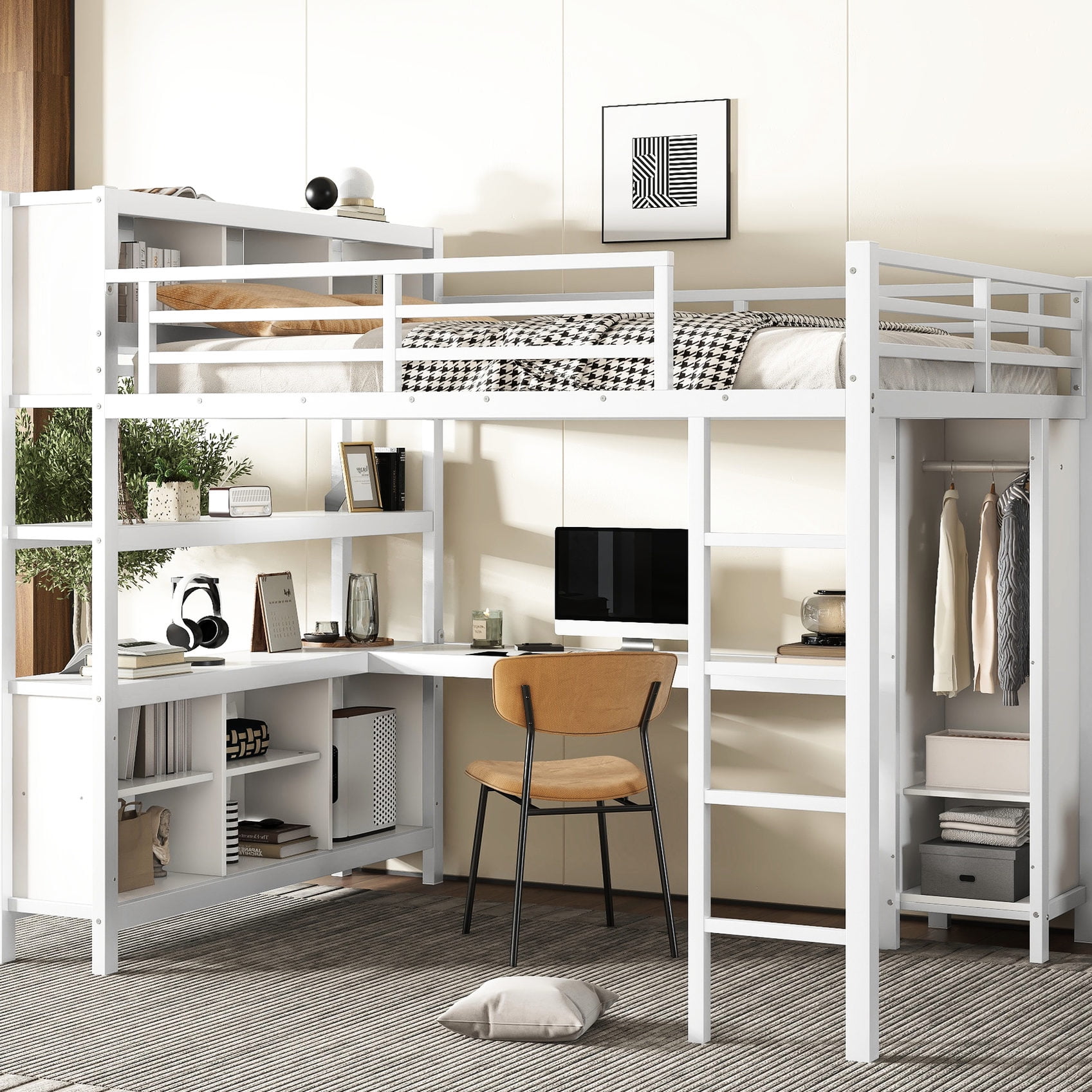 Metal Loft Bed with Wardrobe and L - shaped Workbench / Perfect for ...