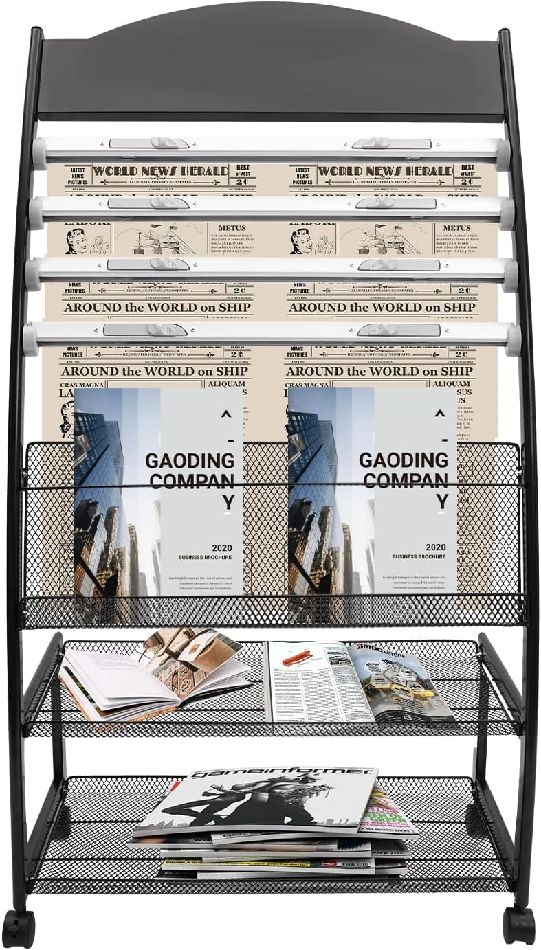 Metal Magazine Display Stand with Wheels, Freestanding Magazine Rack ...
