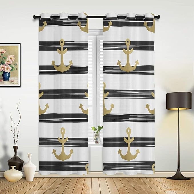 Metal Marine Anchor Window Curtains, Black And White Striped Art 3D ...