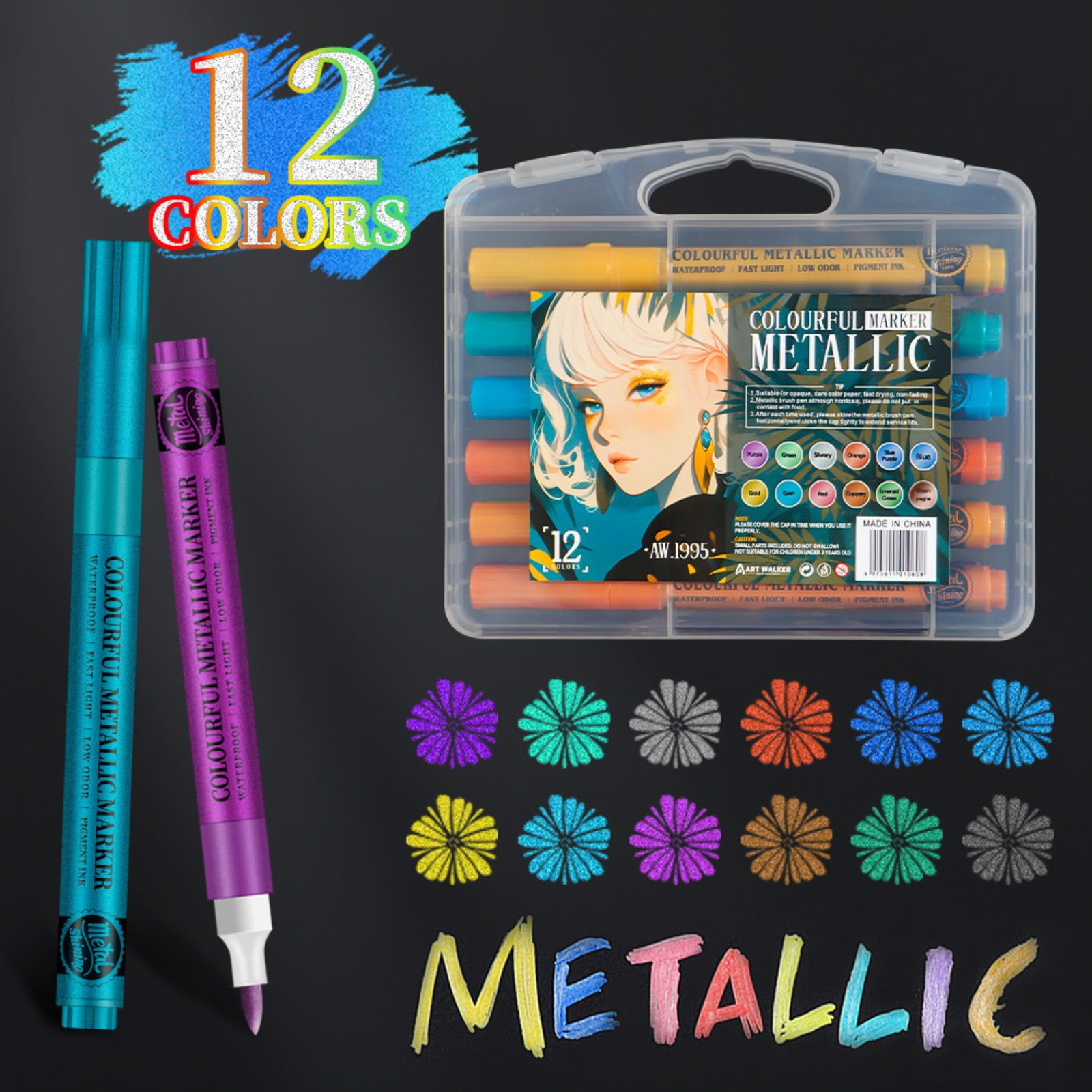 Metal Marker Transparent Box,1 Box Of Markers,12 Metallic Pens for Rock ...