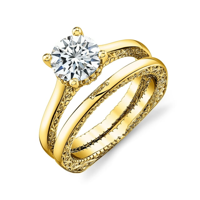 Metal Masters 1.6Ct Moissanite Engagement Bridal Set Carved Scrolls Halo Wedding Ring 18K Gold ...