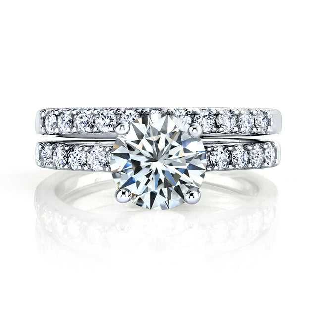 Metal Masters 2.25Ct Round Moissanite 18K White Gold Over Silver Under Halo Bridal Set Wedding ...