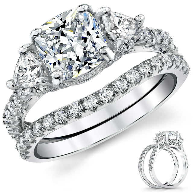 Metal Masters 2.75Ct Moissanite Trillion Halo Past Present Future Cushion Filigree 18K White ...