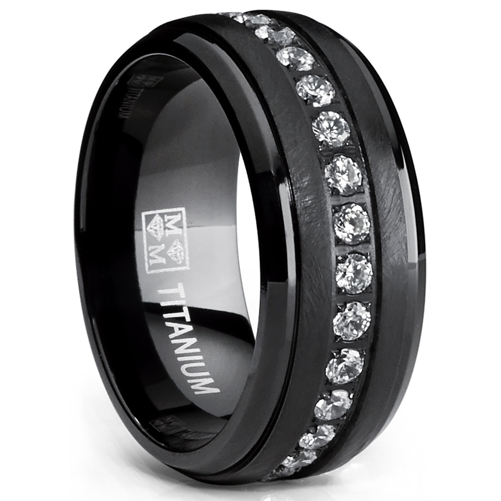 Metal Masters Black Titanium Mens Eternity Wedding Band Ring Clear Round Cubic Zirconia 9mm ...