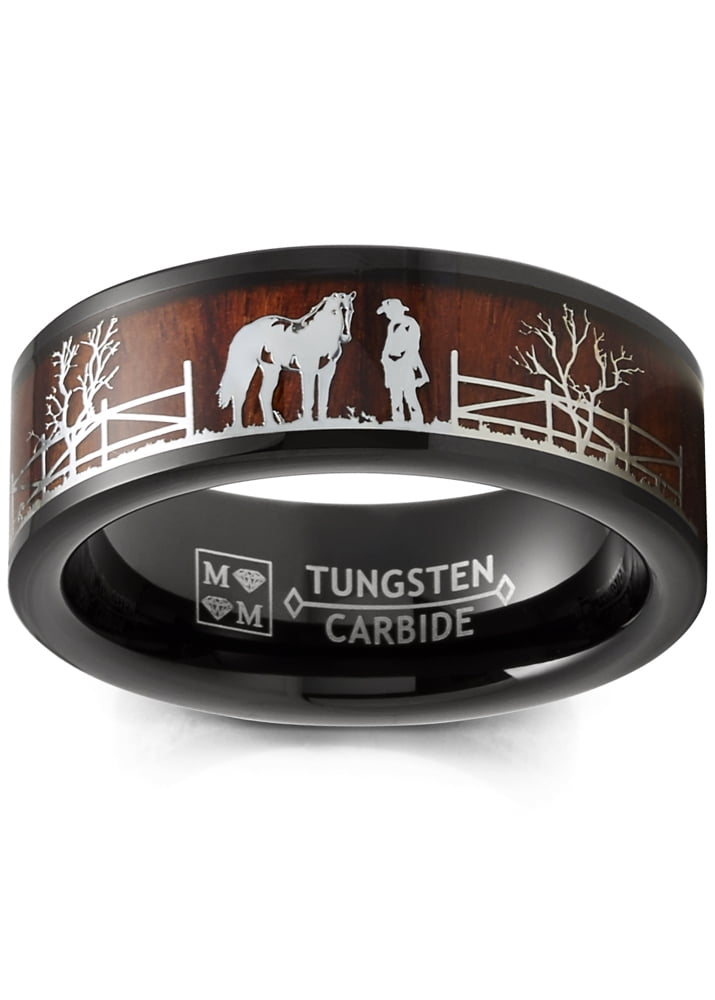 Metal Masters Black Tungsten Horse Equestrian Ring Wedding Band Wood ...