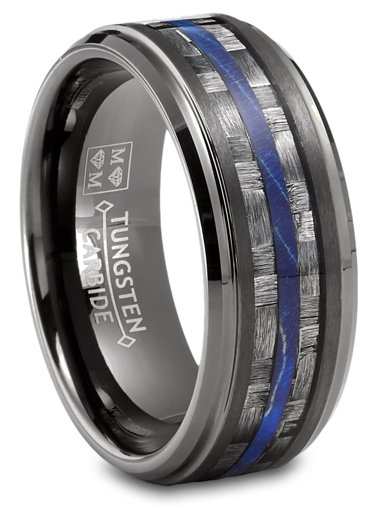 Metal Masters Mens Carbon Fiber Tungsten Carbide Ring Blue Wood Wedding ...