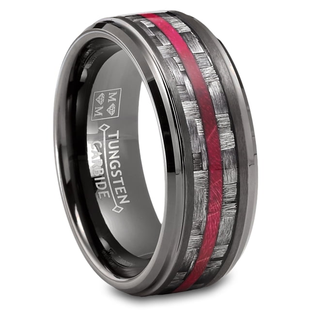 Metal Masters Mens Carbon Fiber Tungsten Carbide Ring Red Wood Wedding ...