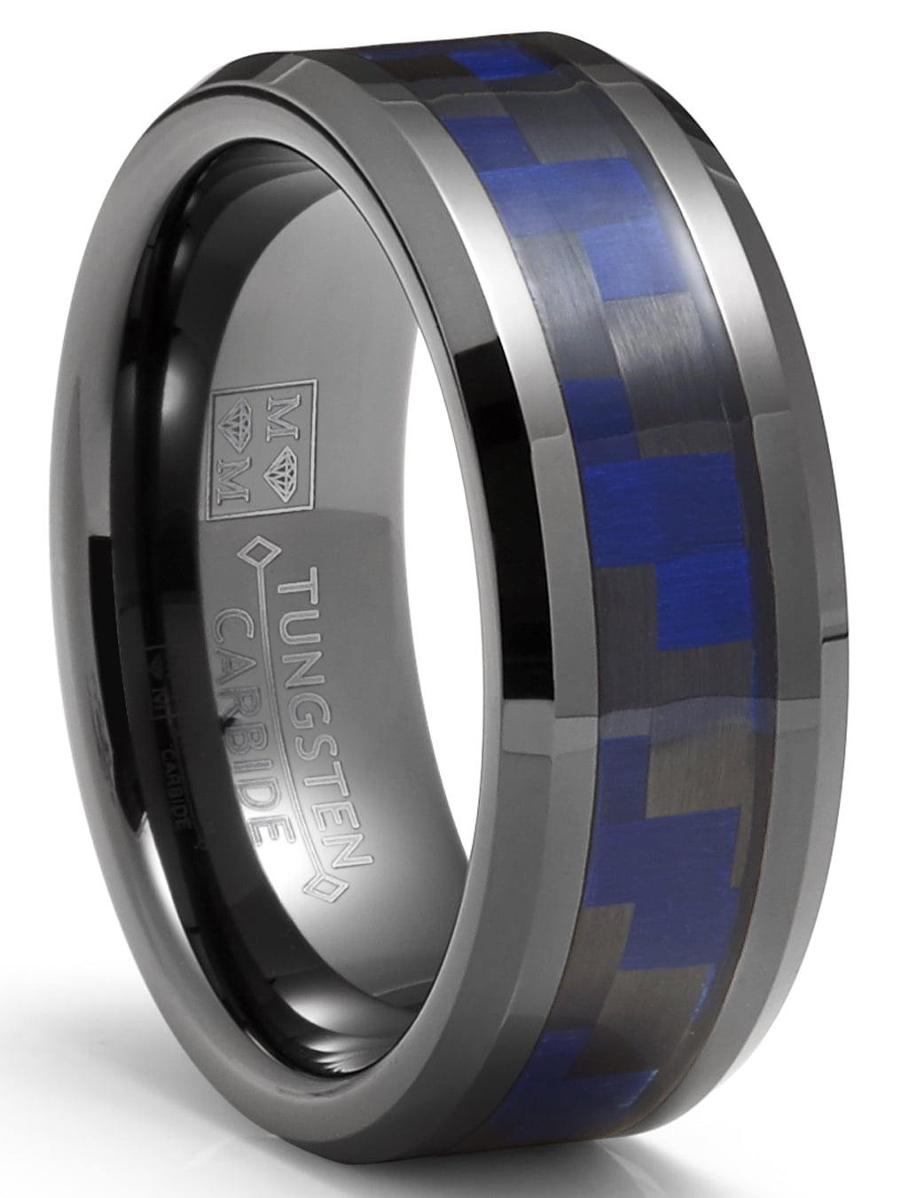 Metal Masters Gunmetal Tungsten Carbide Ring Black Blue Carbon Fiber Inlay Wedding Band 8MM ...