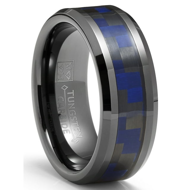 Metal Masters Mens Gunmetal Tungsten Carbide Ring Black Blue Carbon Fiber Inlay Wedding Band 8mm ...
