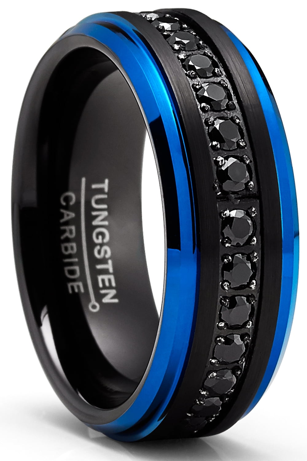 Men's Tungsten Two-Tone Wedding Band, Black Blue Eternity Ring with CZ, Comfort-Fit 8MM ...