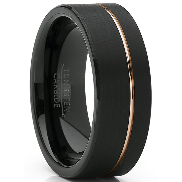 Metal Masters Mens Black Tungsten Carbide Ring Wedding Band Rose Goldtone Groove 8mm - Walmart.com