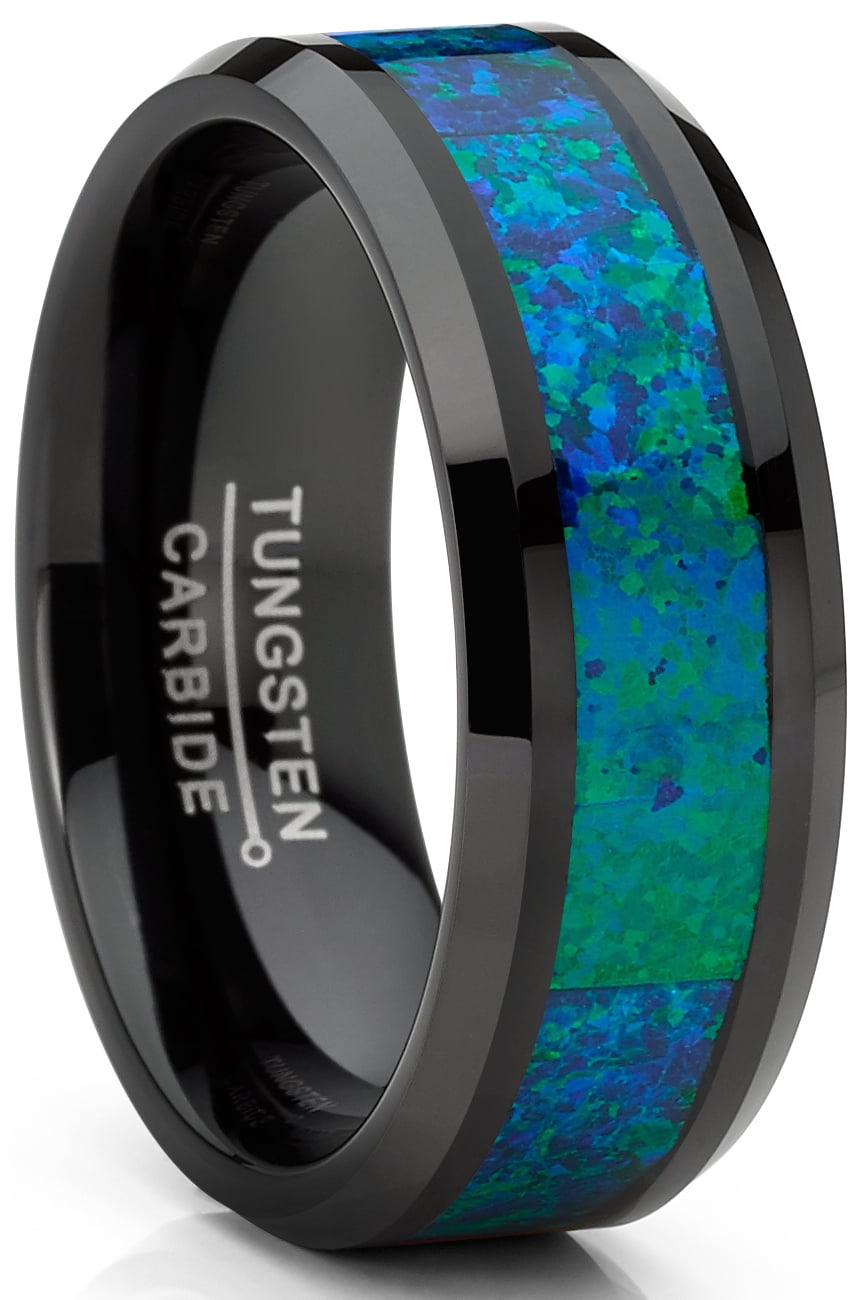 Metal Masters Mens Black Tungsten Carbide Wedding Band Ring Blue Green Crushed Opal 8mm Comfort ...