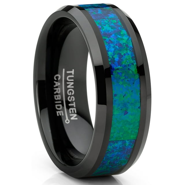 Metal Masters Men's Black Tungsten Carbide Wedding Band Ring Blue Green Crushed Opal 8MM Comfort ...