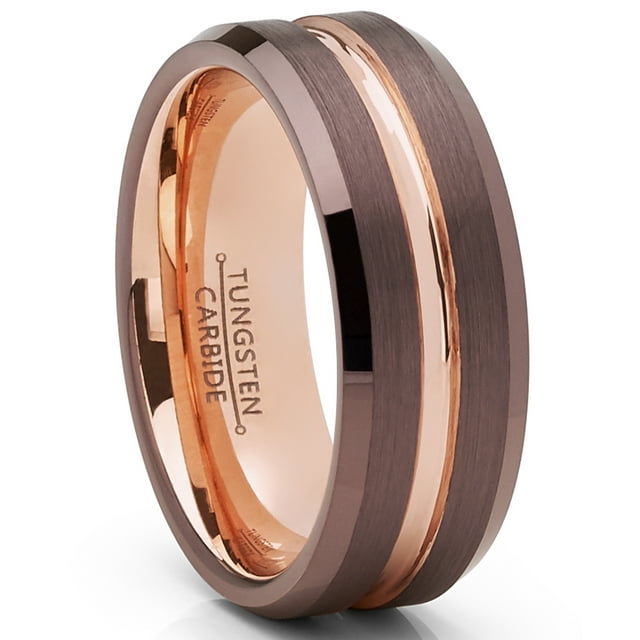 Metal Masters Mens Chocolate Brown Rose GoldTone Tungsten Carbide Wedding Band Ring 8mm ...