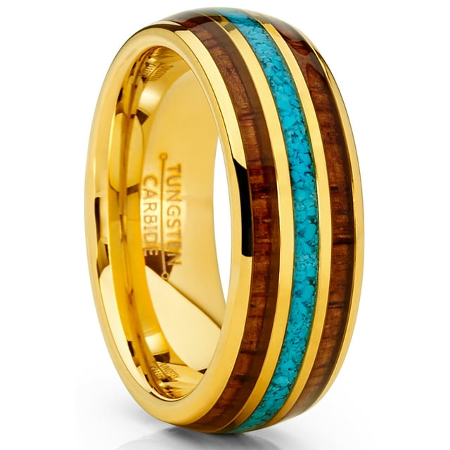 Metal Masters Men's Goldtone Tungsten Wedding Band, Comfort-fit, Koa Wood & Crushed Turquoise ...