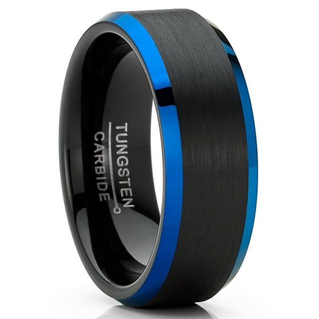 Metal Masters Mens High-Polish Black Blue Tungsten Ring Wedding Band ...
