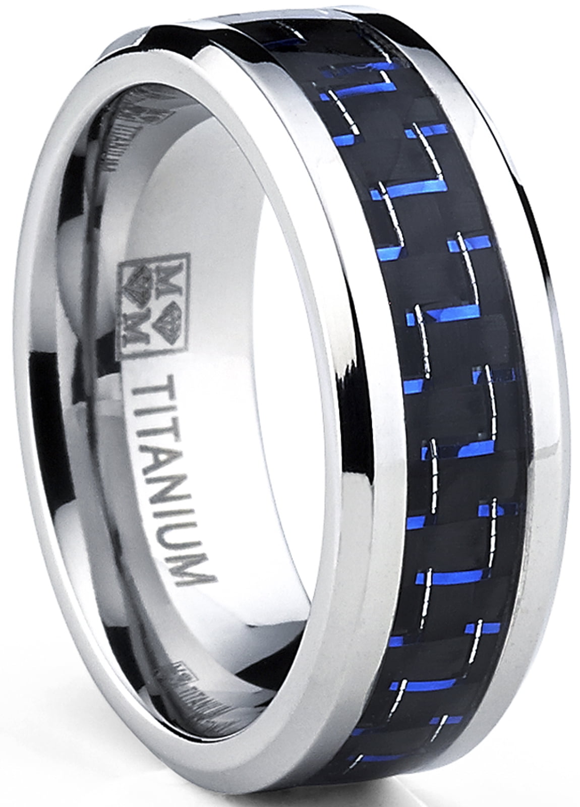 Metal Masters Mens Titanium Ring Wedding Engagement Band Black Blue Carbon Fiber Inlay 8mm ...