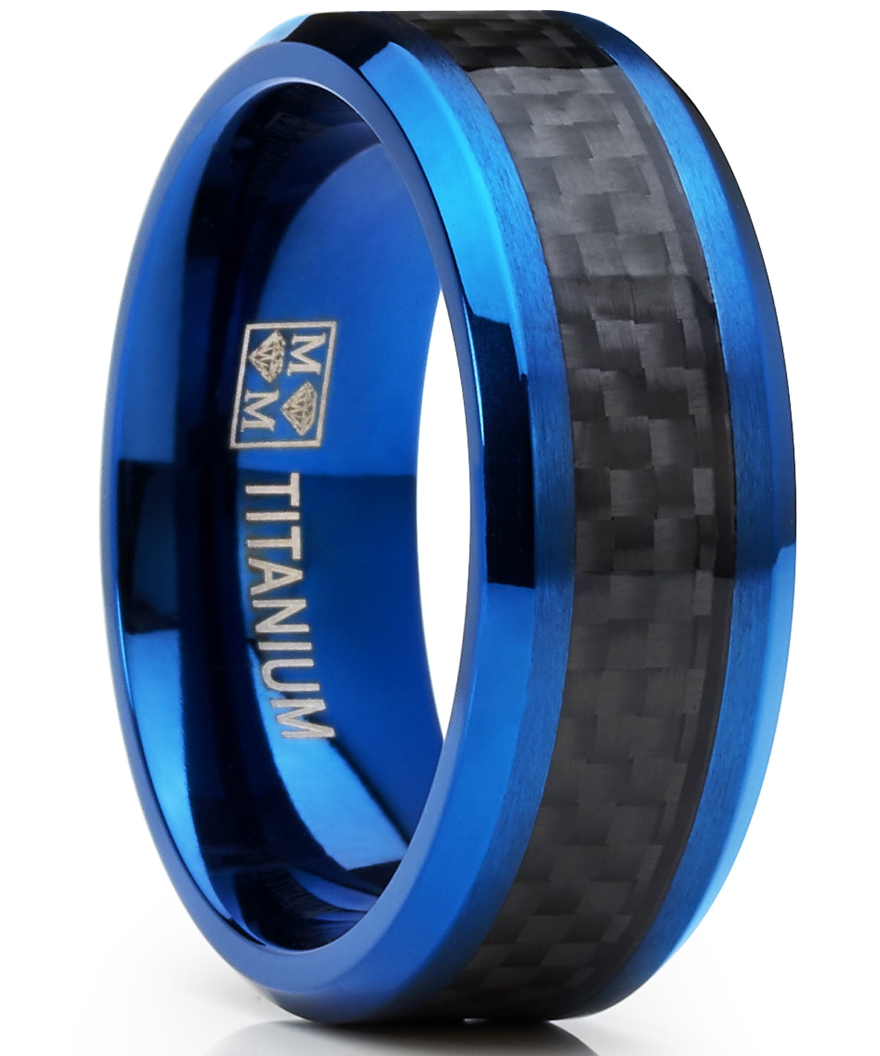 Metal Masters Mens Titanium Wedding Band Engagement Ring Blue Ion Plating Black Cardon Fiber ...