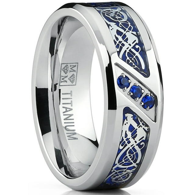 Metal Masters Men's Titanium Wedding Band with Dragon Design, Blue Carbon Fiber Inlay & Cubic ...