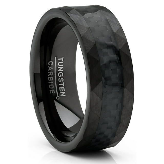 Metal Masters Mens Tungsten Carbide Ring Carbon Fiber Inlay Hammered Wedding Band Black 8mm ...