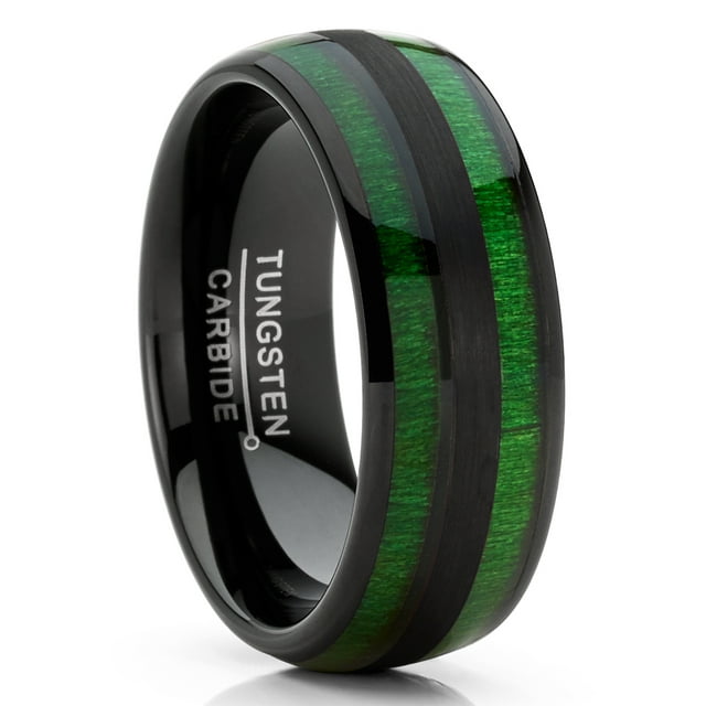 Metal Masters Mens Tungsten Carbide Ring Dome Green Jade Wood Inlay Wedding Band Black 8mm ...