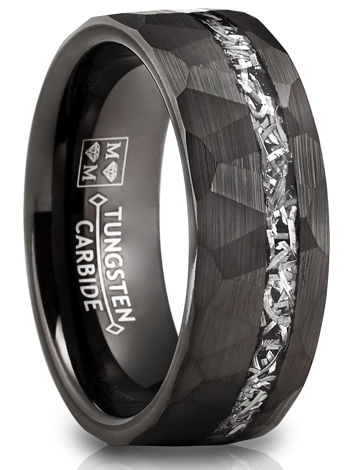 Hammered Black Tungsten Ring - 0.21ctw Aquamarine 3-stone Band ...