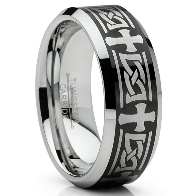 Metal Masters Mens Tungsten Ring Christian Cross Celtic Wedding Band Laser Etched Black 8mm ...