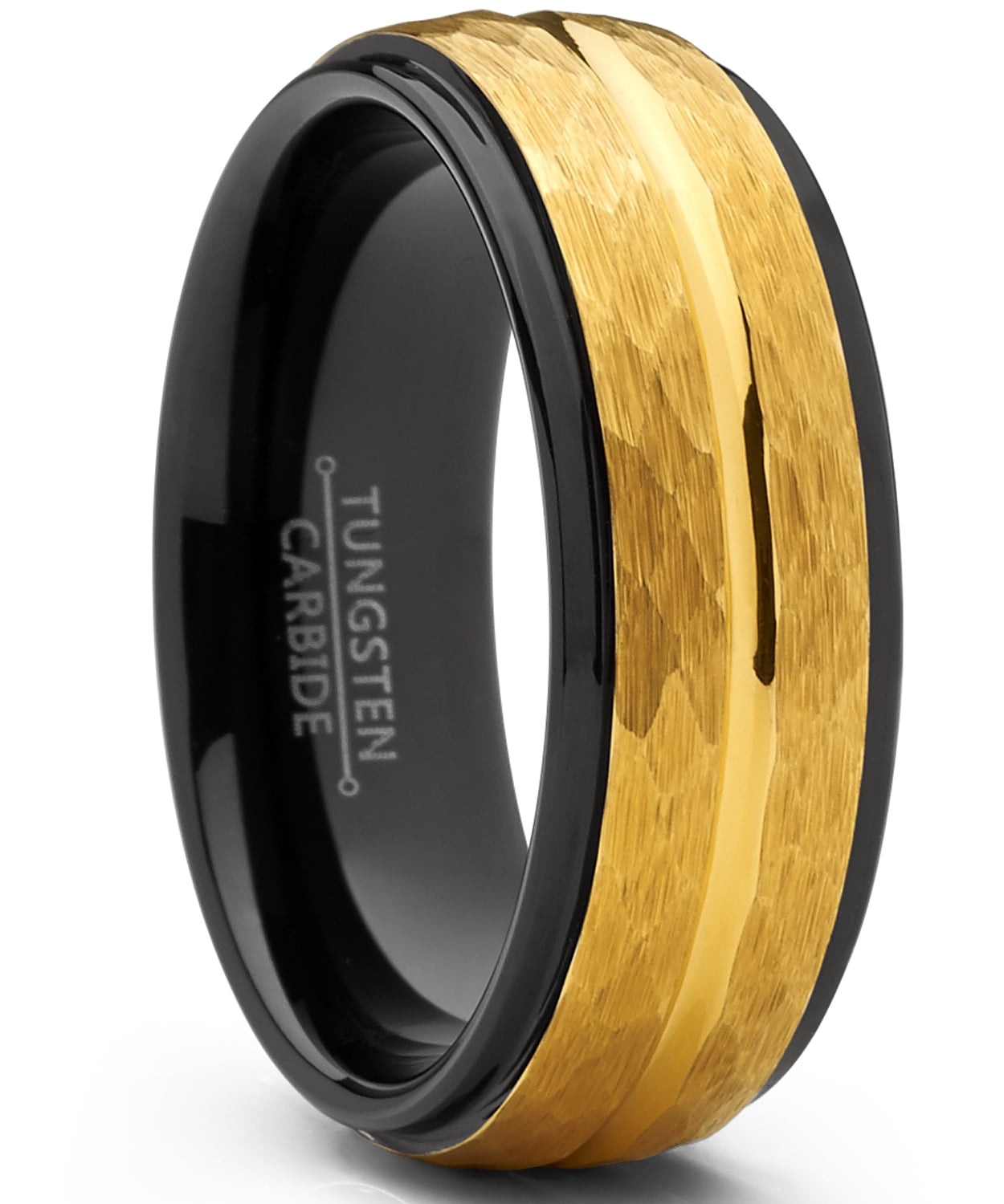 Metal Masters Mens Two-Tone Black Goldtone Hammered Brushed Tungsten Wedding Ring 8mm Comfort ...
