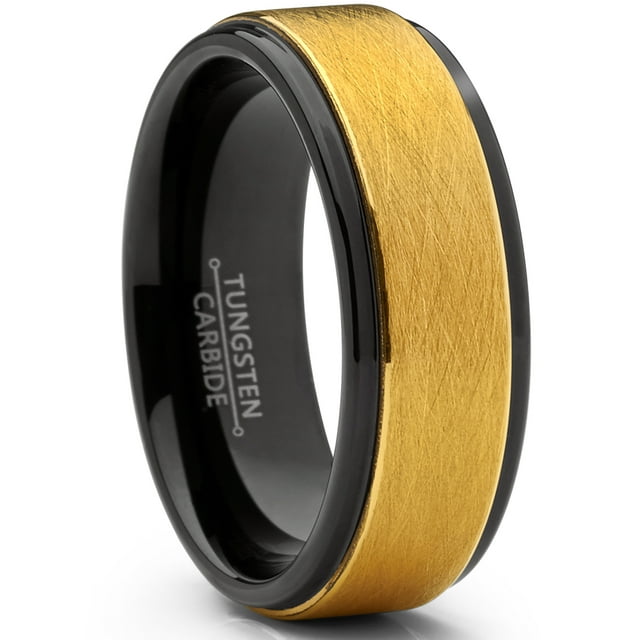 Metal Masters Mens Two-Tone Black Goldtone Textured Brushed Tungsten Wedding Ring 8mm Comfort ...