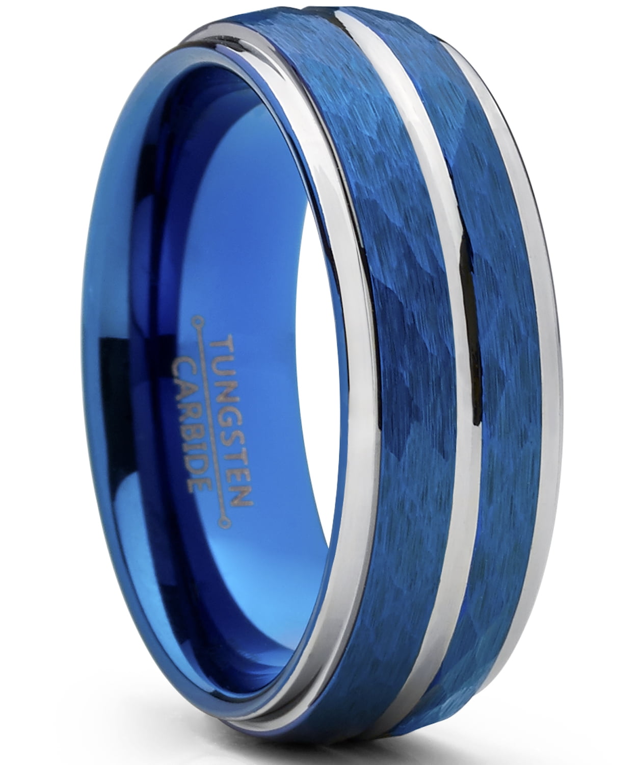 Metal Masters Mens Two-Tone Blue Hammered Brushed Tungsten Wedding Ring ...