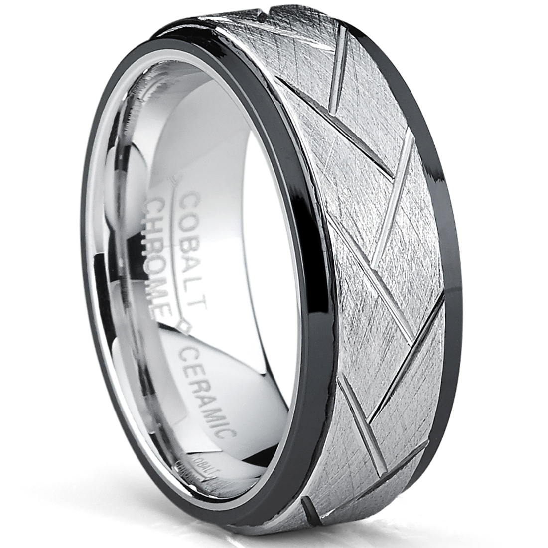 Metal Masters Mens Two-Tone Cobalt Black Ceramic Combo Brushed Grooved Wedding Band Ring ...