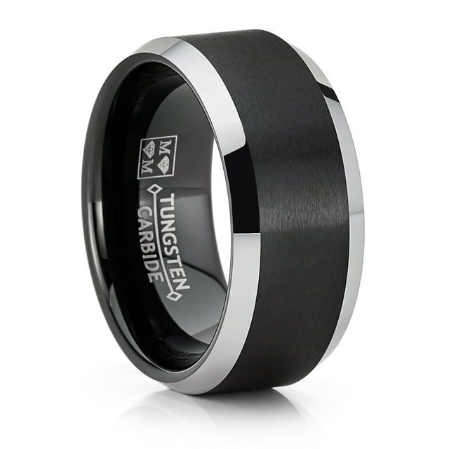 Metal Masters Mens Tungsten Carbide Ring Black Two-Tone Brushed Wedding Band Comfort-fit 10mm ...