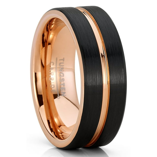Metal Masters Mens Tungsten Carbide Ring RoseTone Black Grooved Wedding Band Comfort-fit 8MM ...