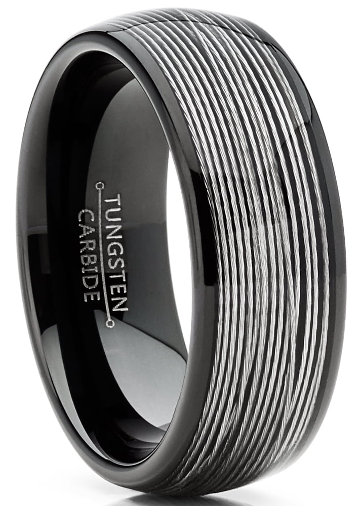 Metal Masters Mens Tungsten Wedding Band Steel Cables Ring Inlay Black ...